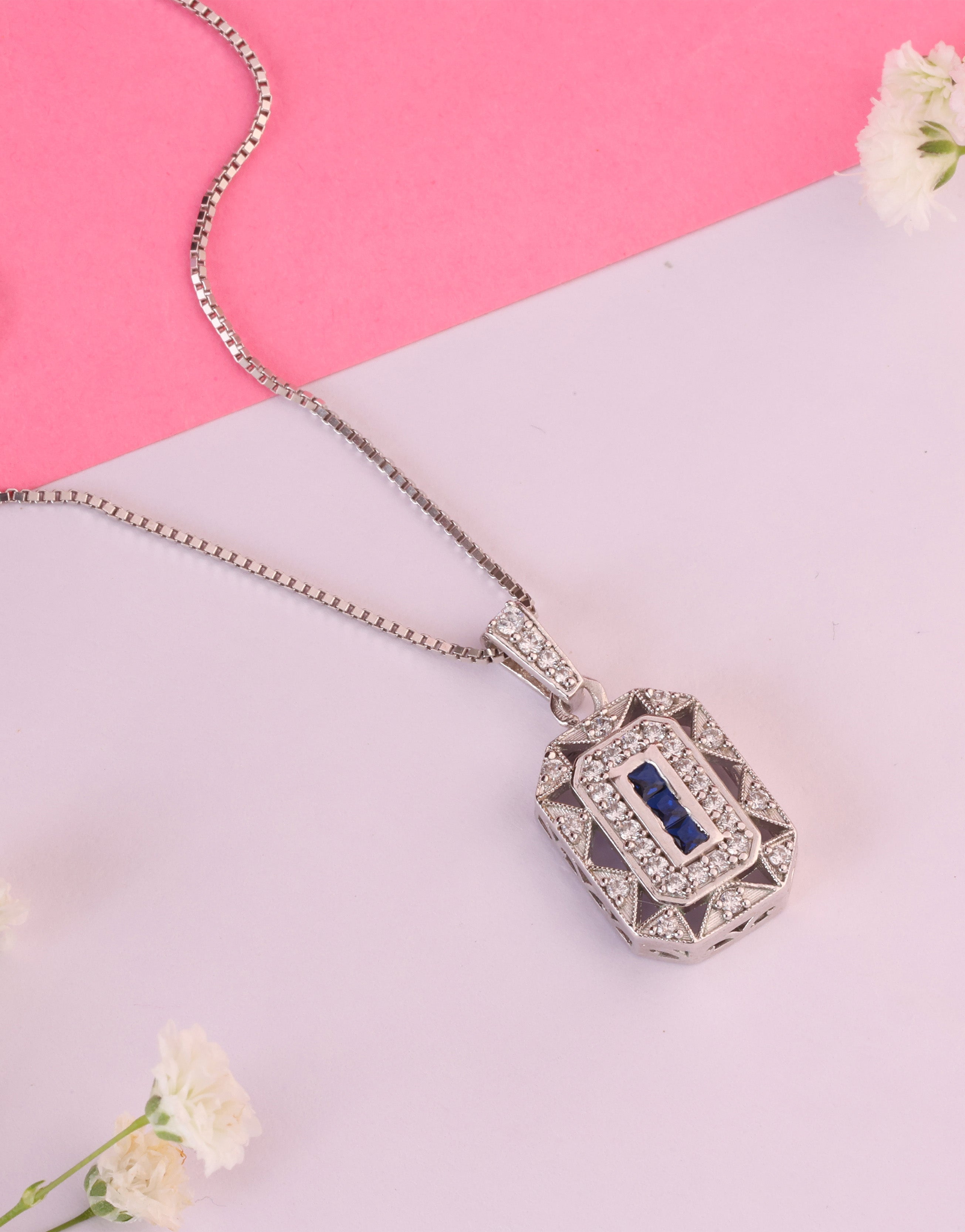 Royal Blue & White Sterling Silver CZ Octagon Pendant Charm - Best ...
